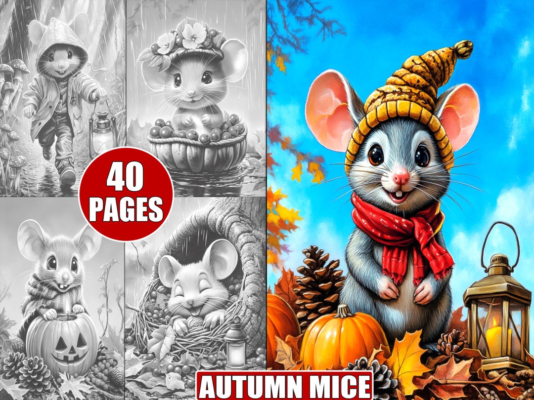 40 Printable Autumn Mice Grayscale Adult Coloring Pages, Cozy Fall ...