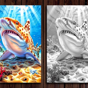 30 Printable Sharks Coloring Pages in Grayscale for Adults, Aquatic Sea ...