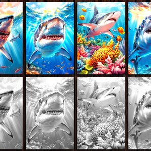 30 Printable Sharks Coloring Pages in Grayscale for Adults, Aquatic Sea ...