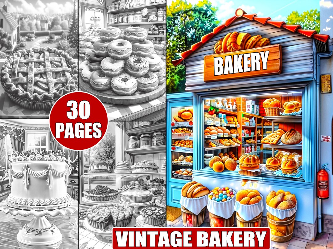 30 Printable Vintage Bakery Coloring Pages in Grayscale for Adults ...