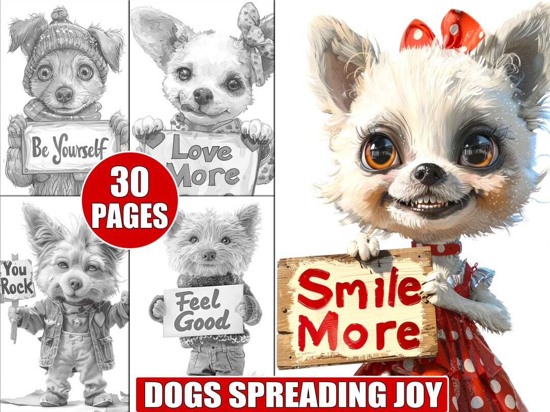 30 Printable Dogs Spreading Joy Coloring Pages in Grayscale for Adults ...