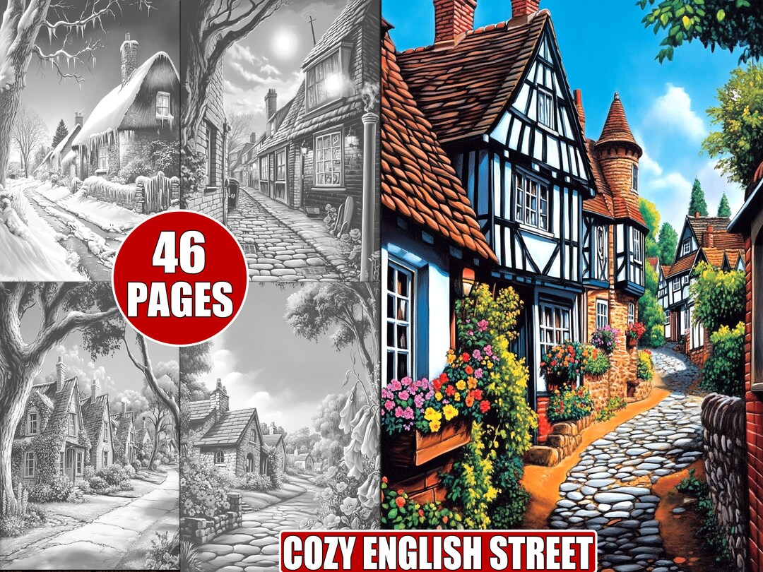 46 Printable Cozy English Street Coloring Pages in Grayscale for Adults ...