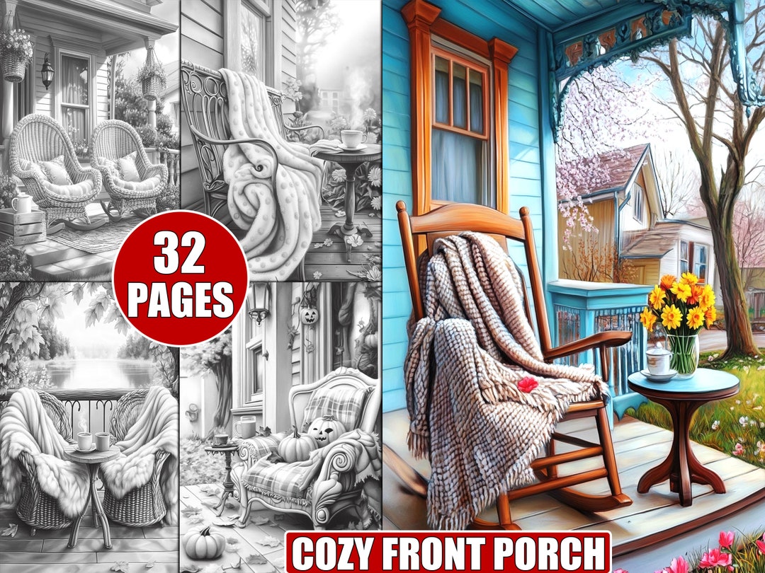 Cozy Front Porch Coloring Pages: Relaxing Grayscale Scenes (printable ...