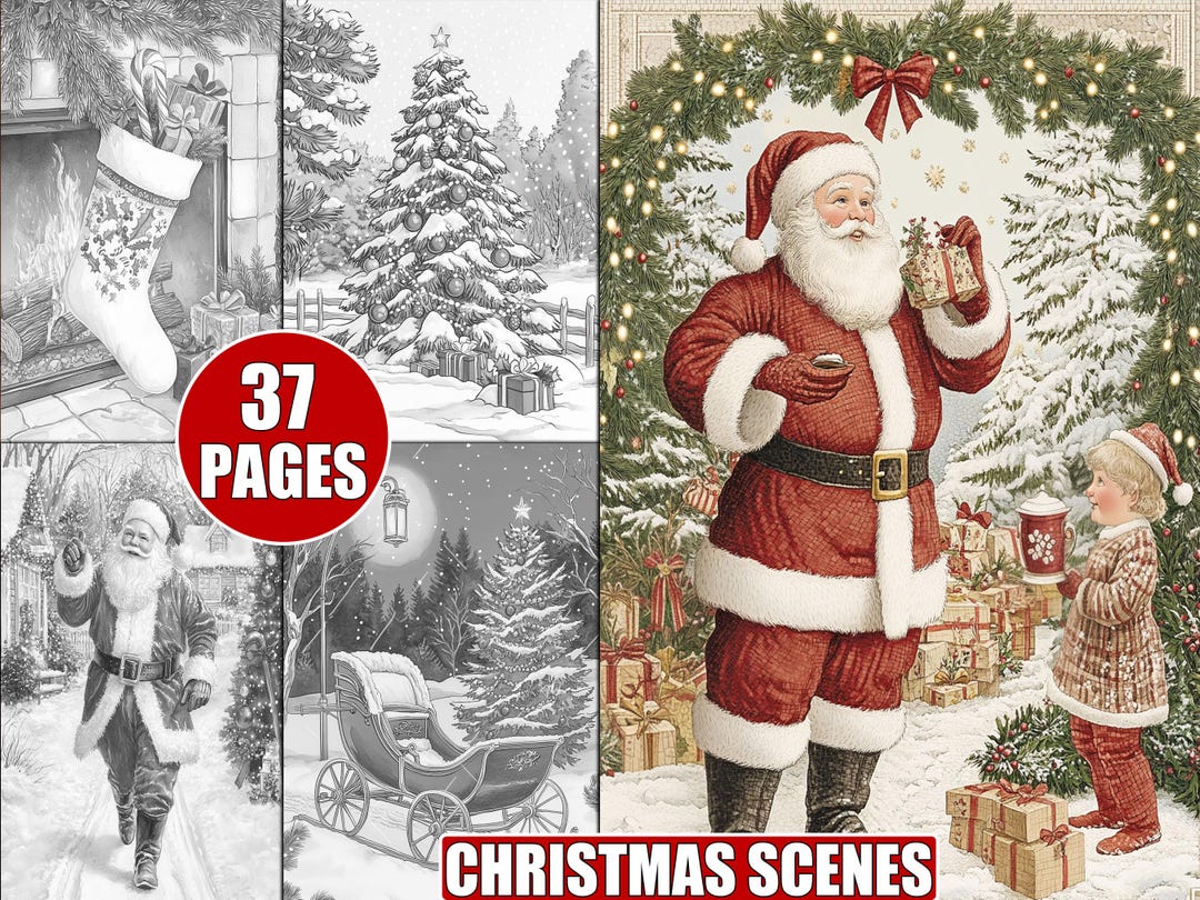 Christmas Scenes Coloring Pages: Grayscale Winter Wonderland Art ...