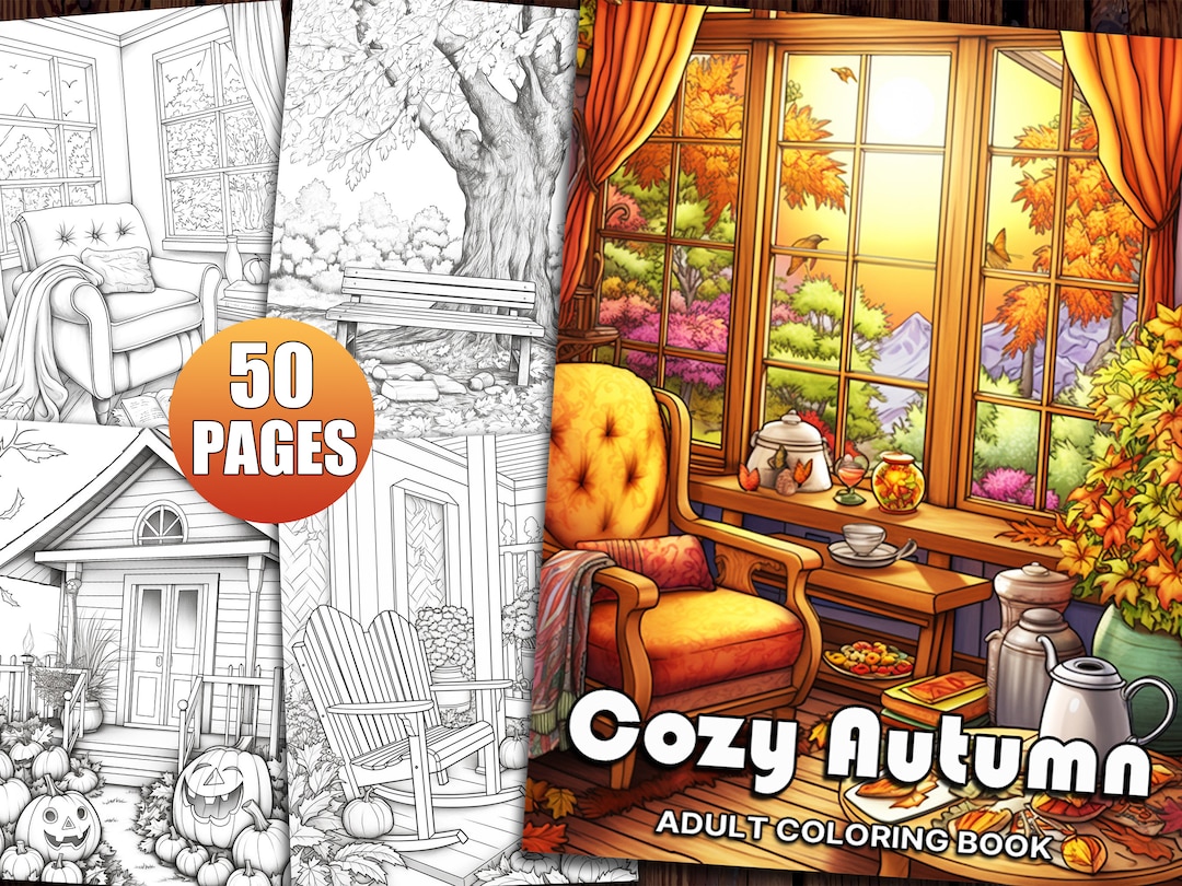 50 Cozy Autumn Coloring Pages for Adults, Fall Coloring Book for Stress ...