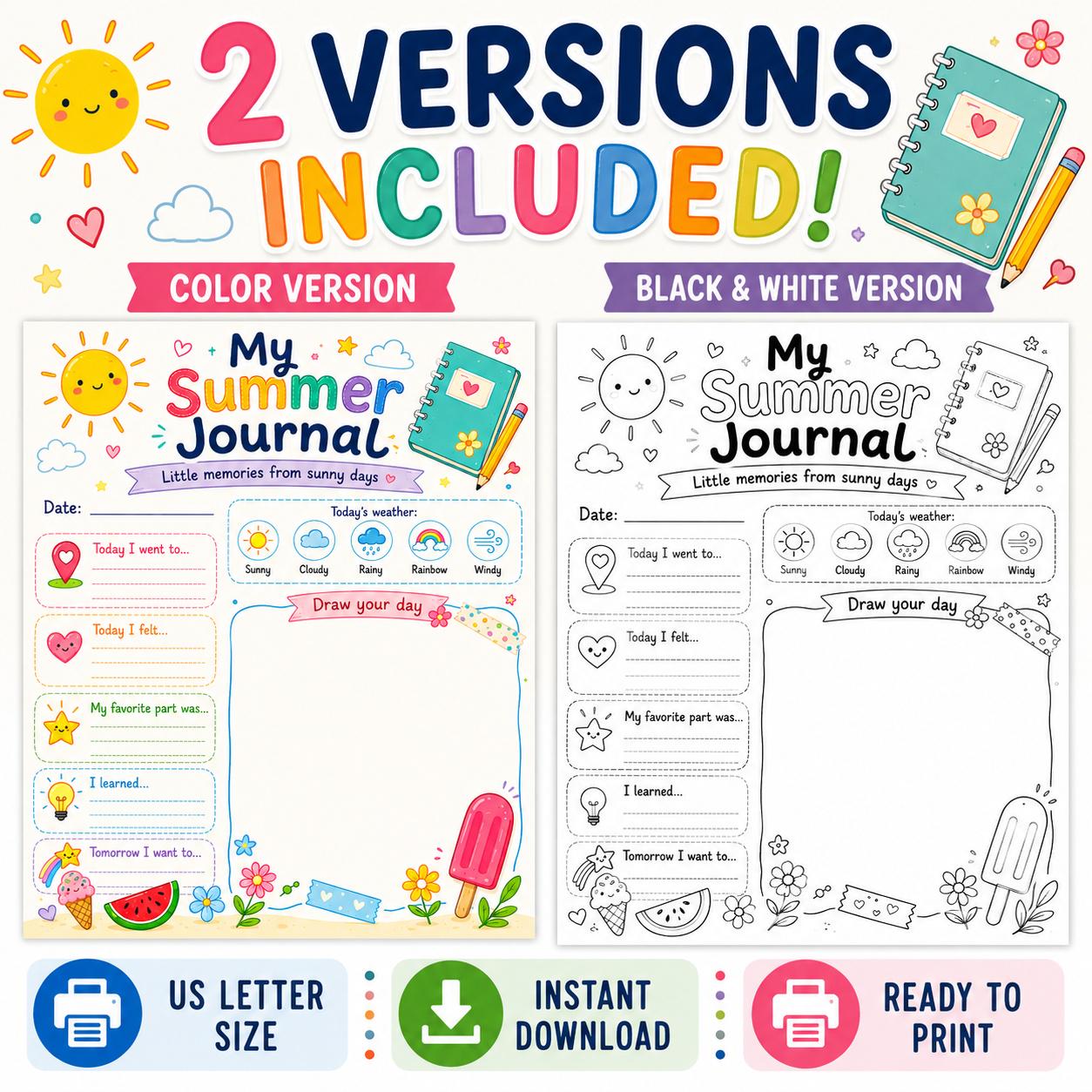 Summer Journal Printable for Kids, Daily Summer Writing Worksheet ...