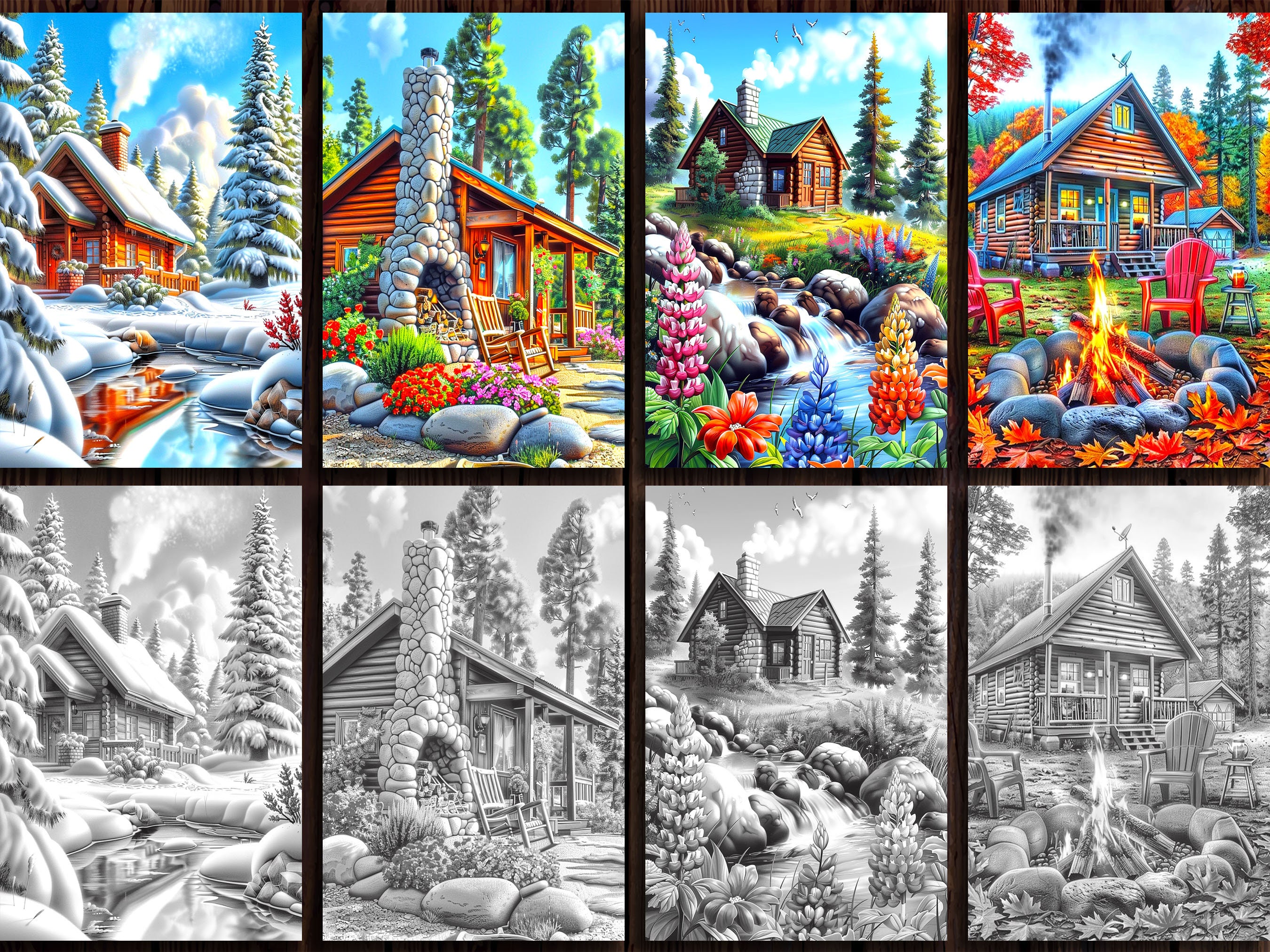 Cozy Cabin in the Woods Coloring Pages: Grayscale Rustic Forest Scenes ...