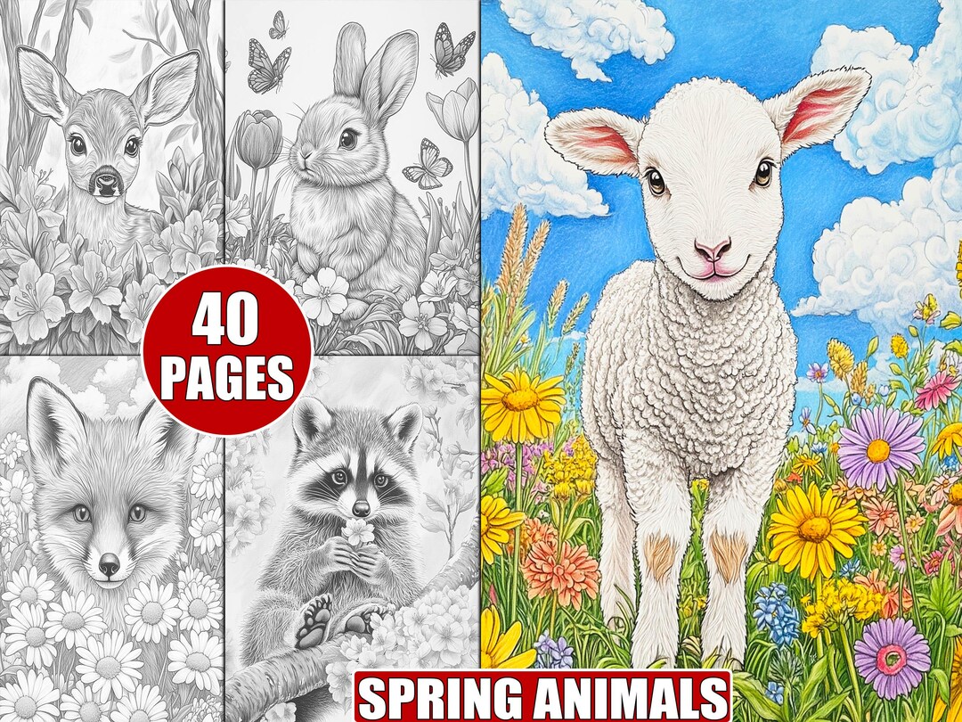 Spring Animals Coloring Pages: 40 Grayscale Woodland Creatures (digital ...