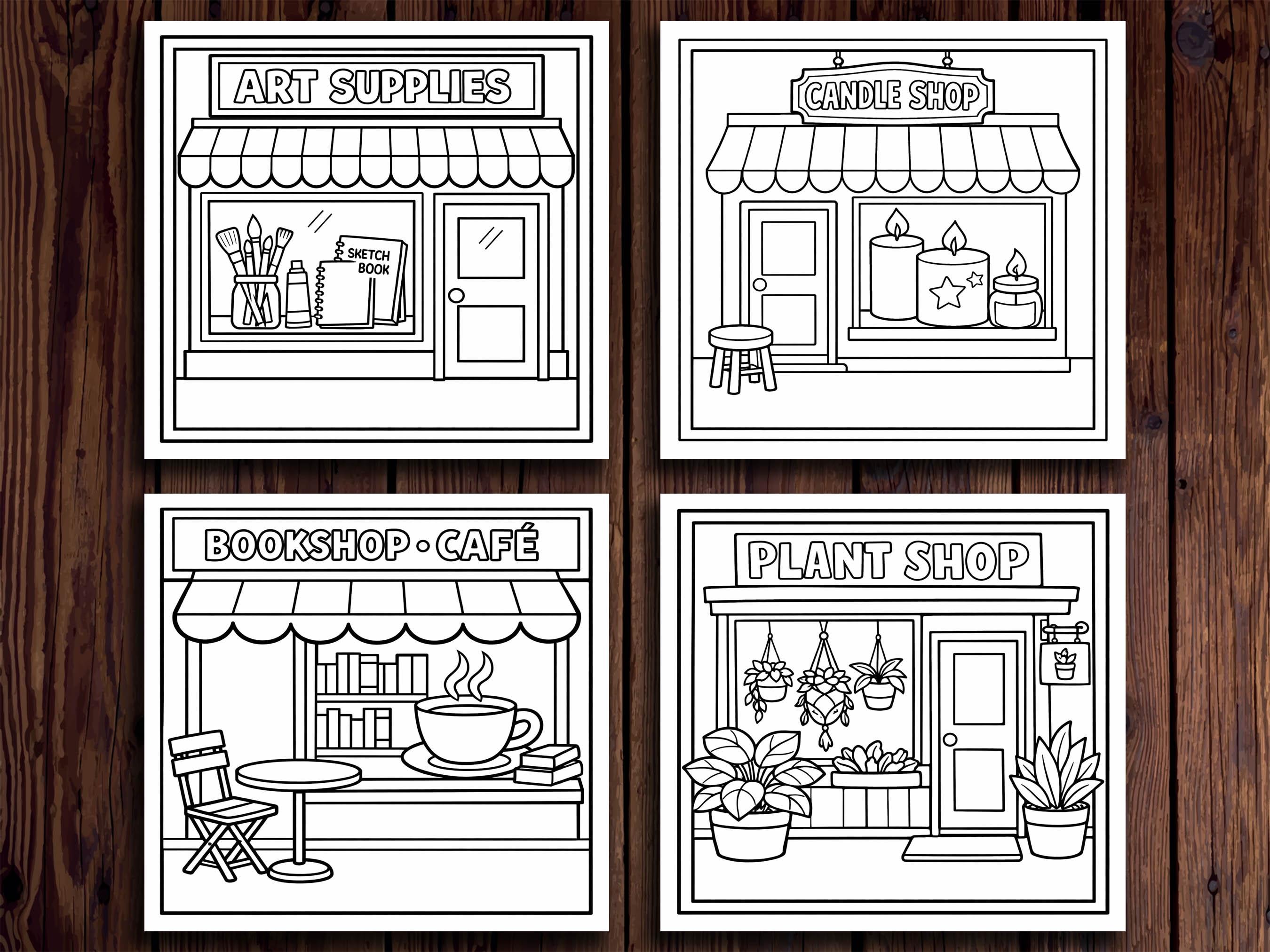 Tiny Shops & Cozy Storefronts Printable Coloring Pages – 20 Charming ...