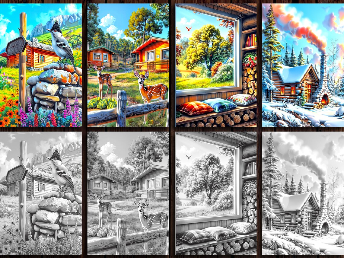 Cozy Cabin in the Woods Coloring Pages: Grayscale Rustic Forest Scenes ...