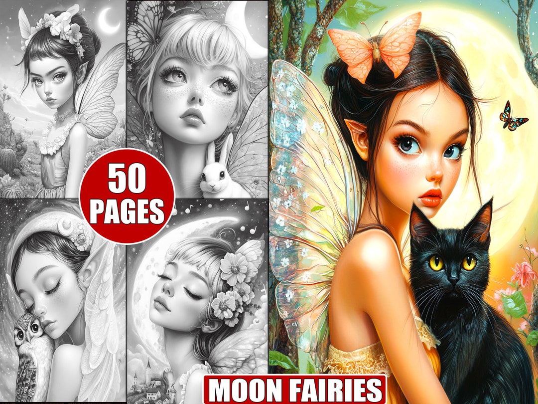50 Printable Moon Fairies Coloring Pages in Grayscale for Adults ...