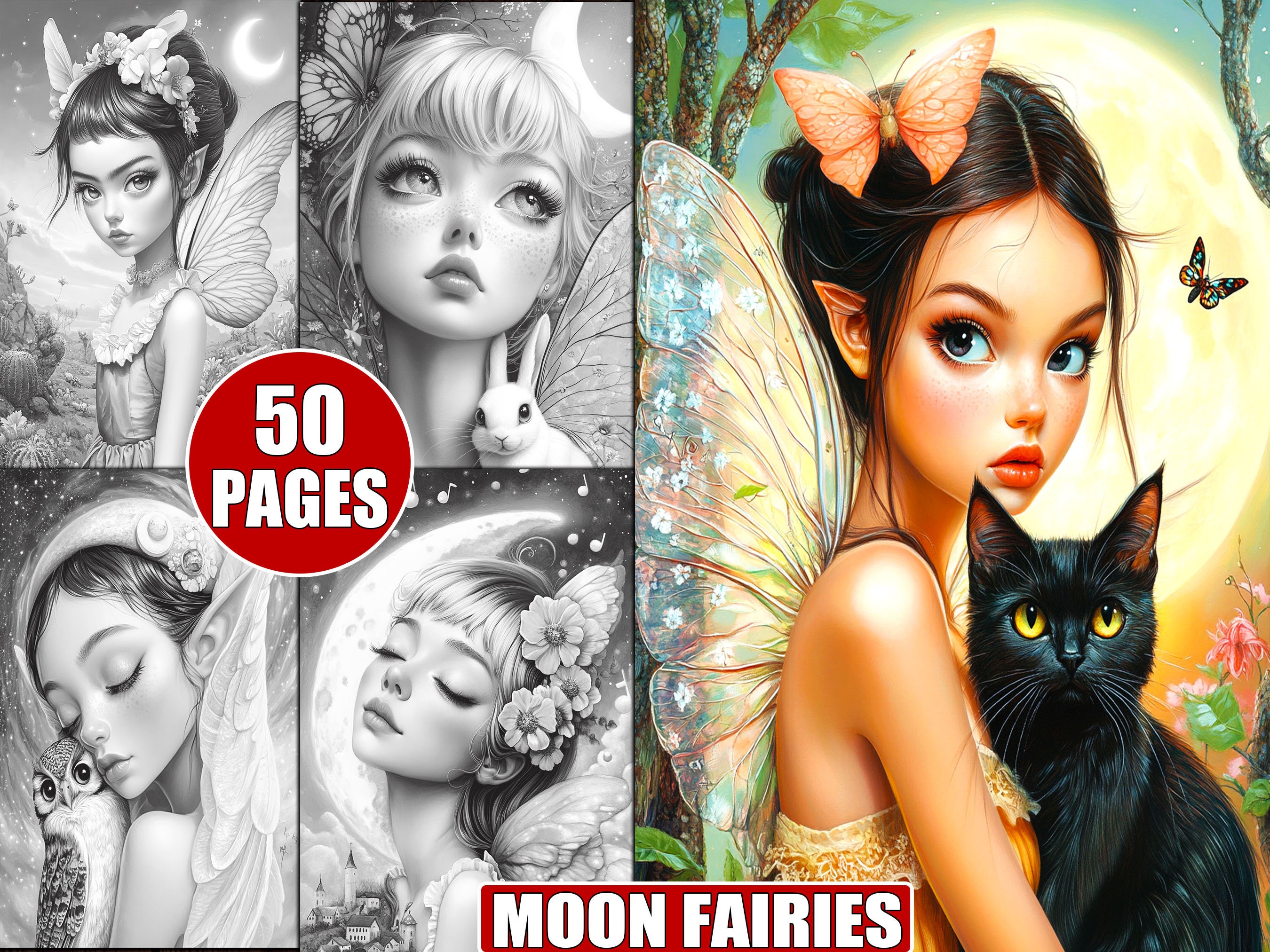 Moon Fairies Coloring Pages: Grayscale Mystical Fairy Art (printable ...