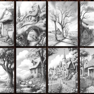 42 Printable Rural Town Coloring Pages in Grayscale for Adults, Quaint ...