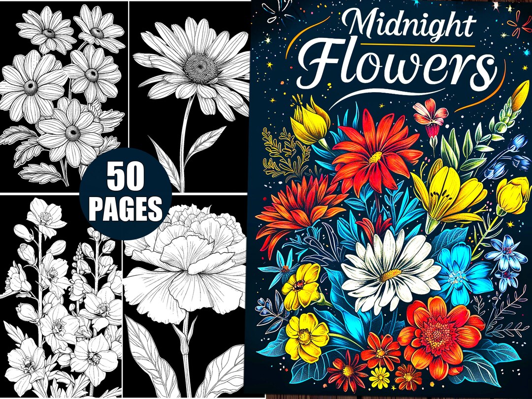 50 Midnight Flowers Coloring Pages for Adults, Botanical Flowers ...