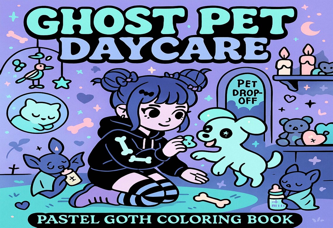 Ghost Pet Daycare Coloring Pages – 20 Pastel Goth Haunted Animals (PDF ...