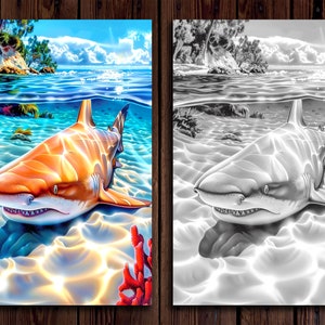 30 Printable Sharks Coloring Pages in Grayscale for Adults, Aquatic Sea ...