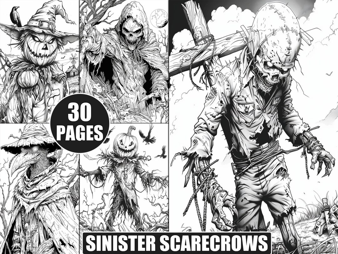 Sinister Scarecrows Coloring Pages for Adults - 30 Printable Grayscale ...