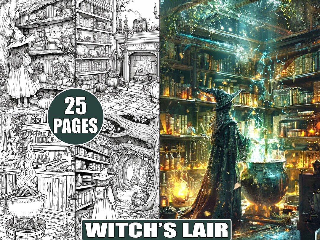 Witch's Lair Coloring Pages: 25 Grayscale Halloween Fantasy Sheets ...