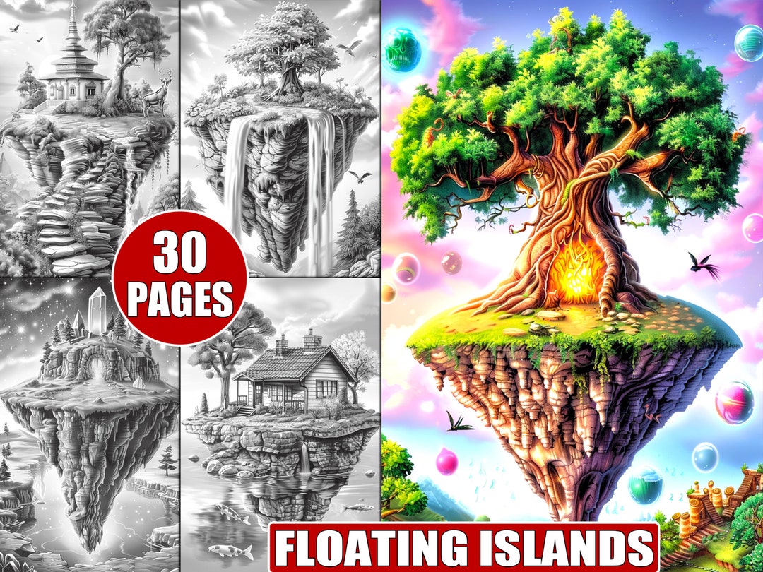 Floating Islands Coloring Pages: 30 Grayscale Fantasy Art Illustrations ...