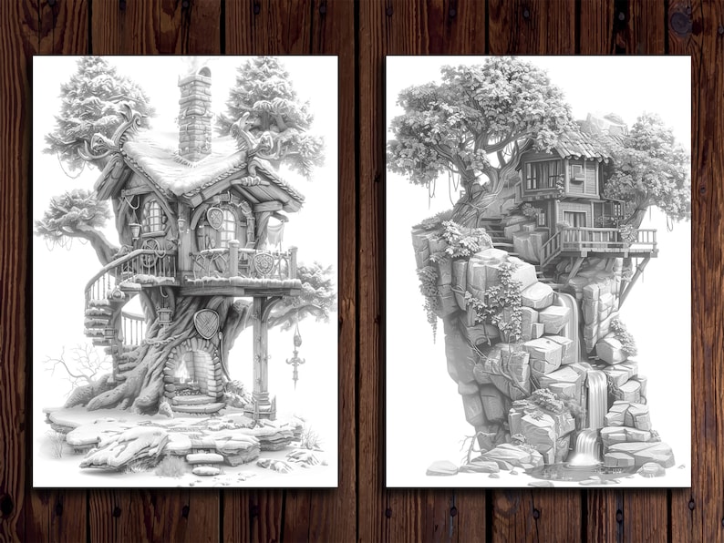 Treehouses Coloring Pages for Adults: Fantasy Isometric Grayscale ...
