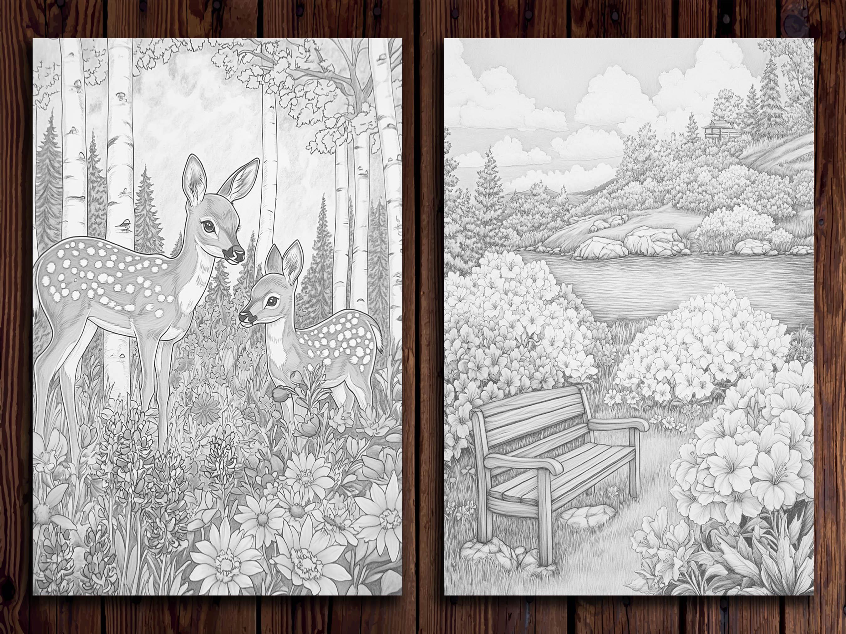 Spring Landscapes Coloring Pages: Grayscale Nature Scenes (digital ...