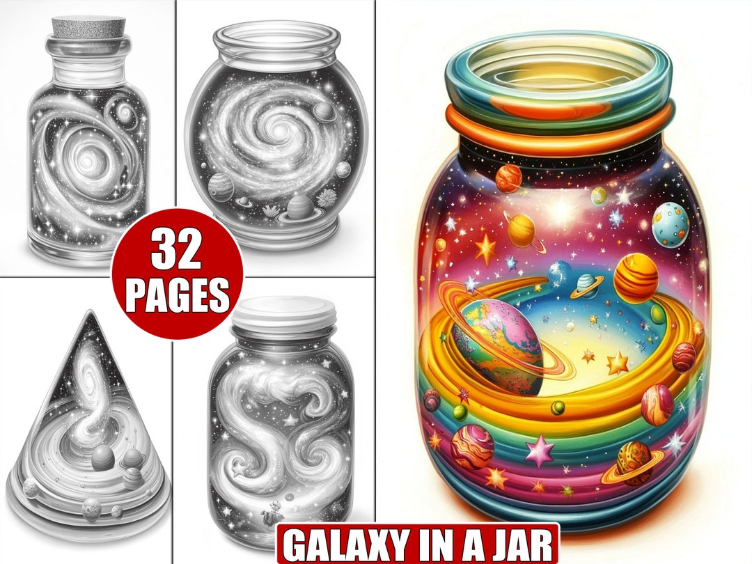 32 Printable Galaxy in A Jar Grayscale Adult Coloring Pages, Surreal ...