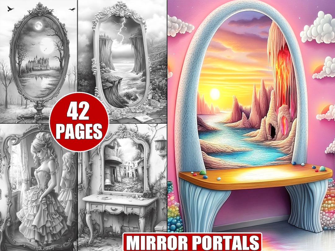 42 Printable Mirror Portals Coloring Pages in Grayscale for Adults ...