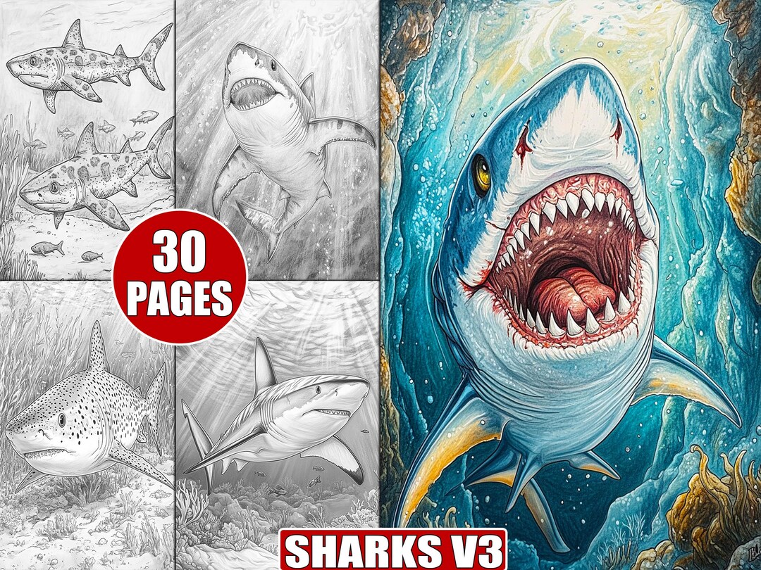 30 Printable Sharks Coloring Pages in Grayscale for Adults, Intricate ...