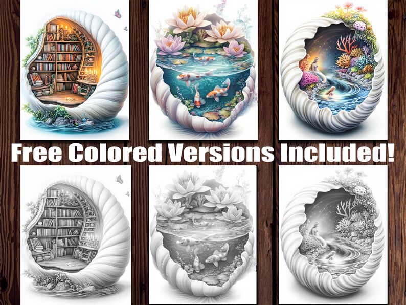 Seashell Worlds Coloring Pages: Grayscale Ocean Fantasy (PDF Printable ...