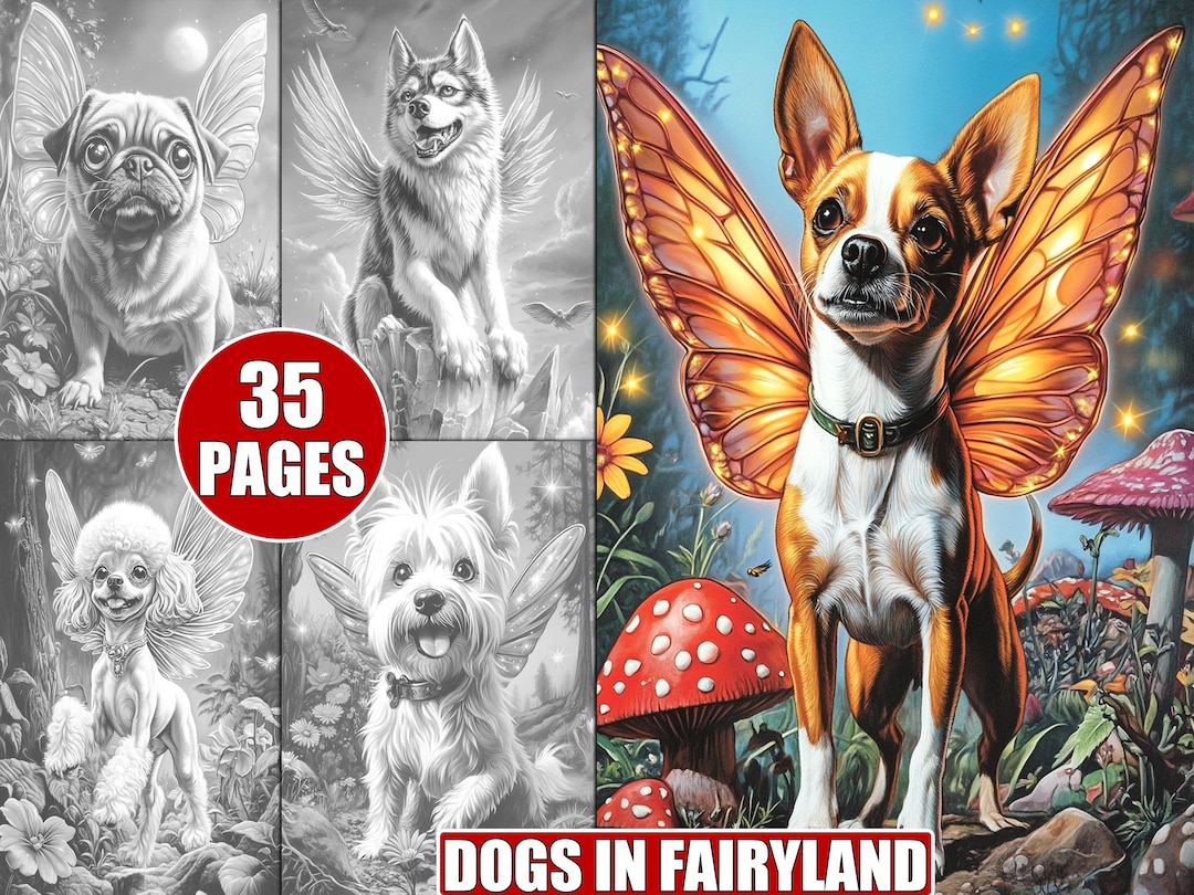 35 Printable Dogs in Fairyland Coloring Pages in Grayscale for Adults ...