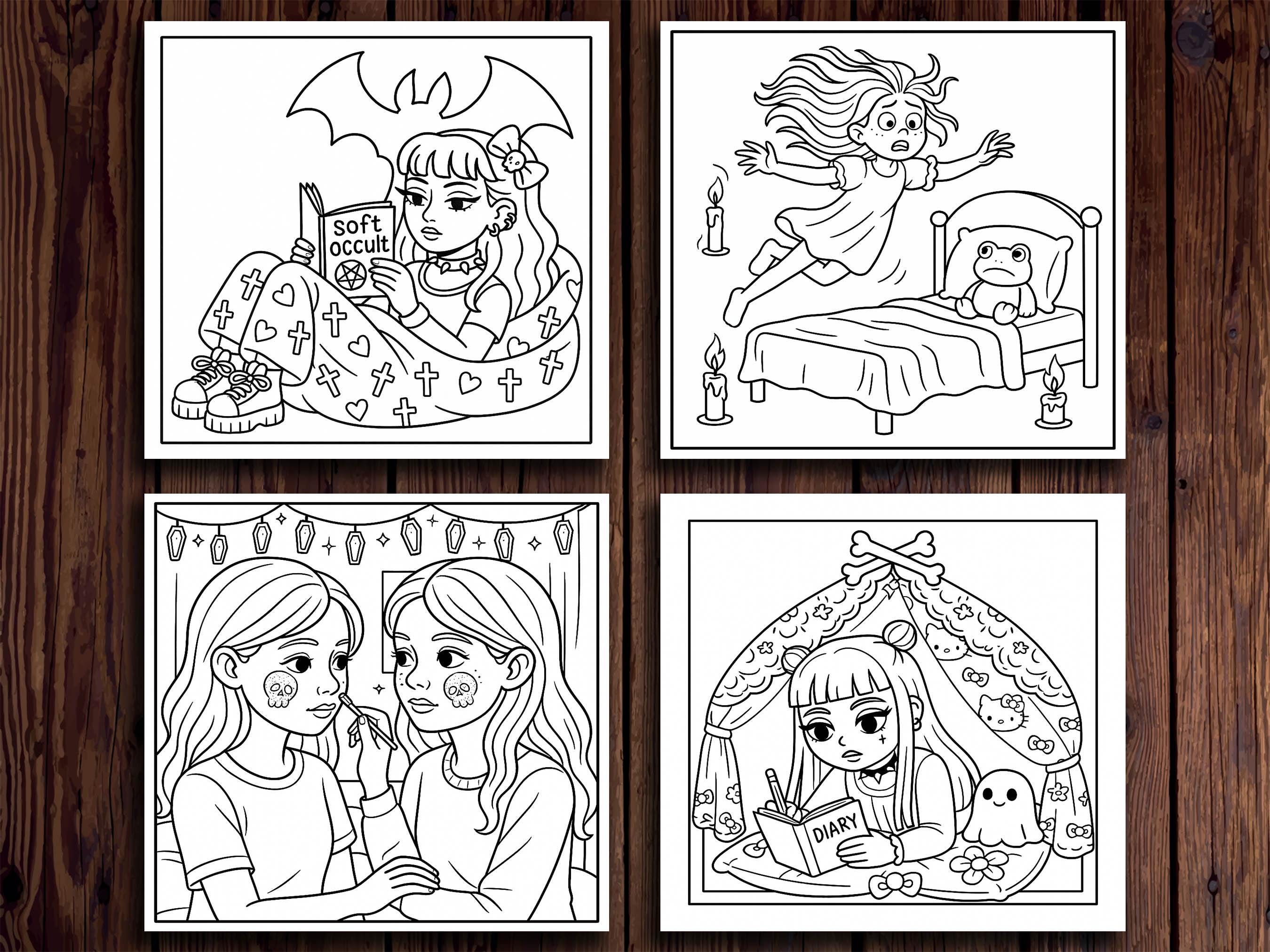 Pastel Goth Sleepover Coloring Pages: Spooky Kawaii Witch Party (PDF ...