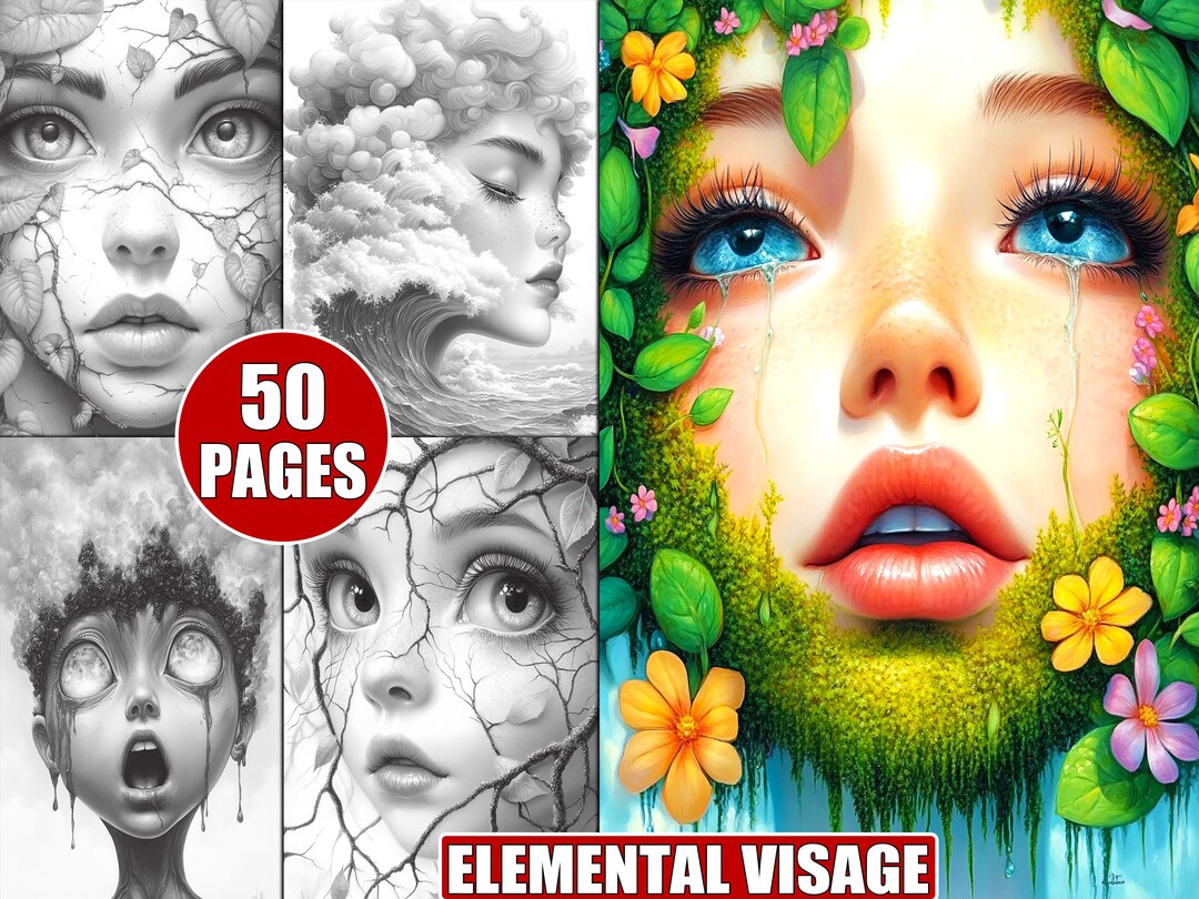 50 Printable Elemental Visage Grayscale Coloring Pages for Adults ...