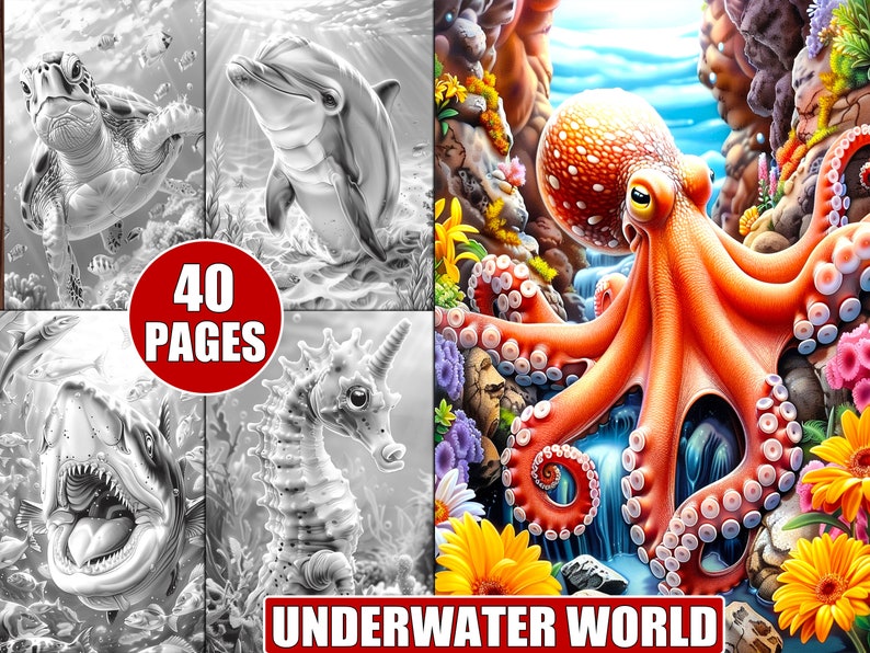 Underwater World Coloring Pages: 40 Grayscale Sea Creatures (printable ...