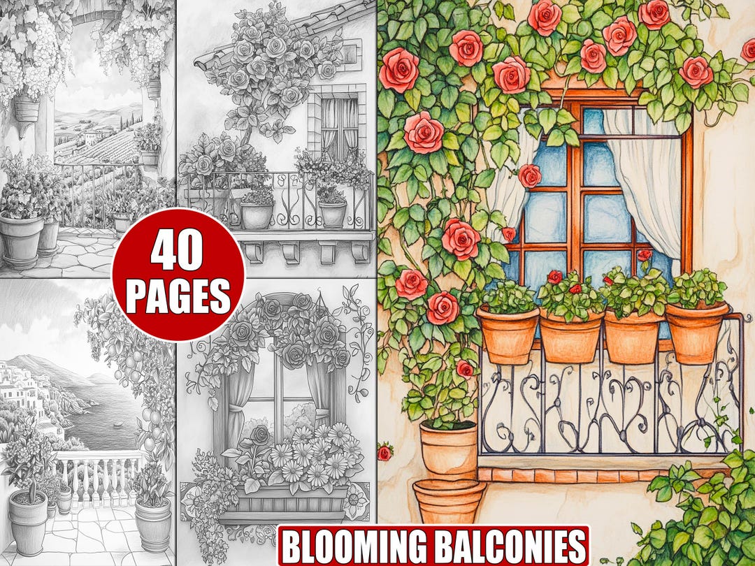 40 Printable Blooming Balconies Coloring Pages in Grayscale for Adults ...