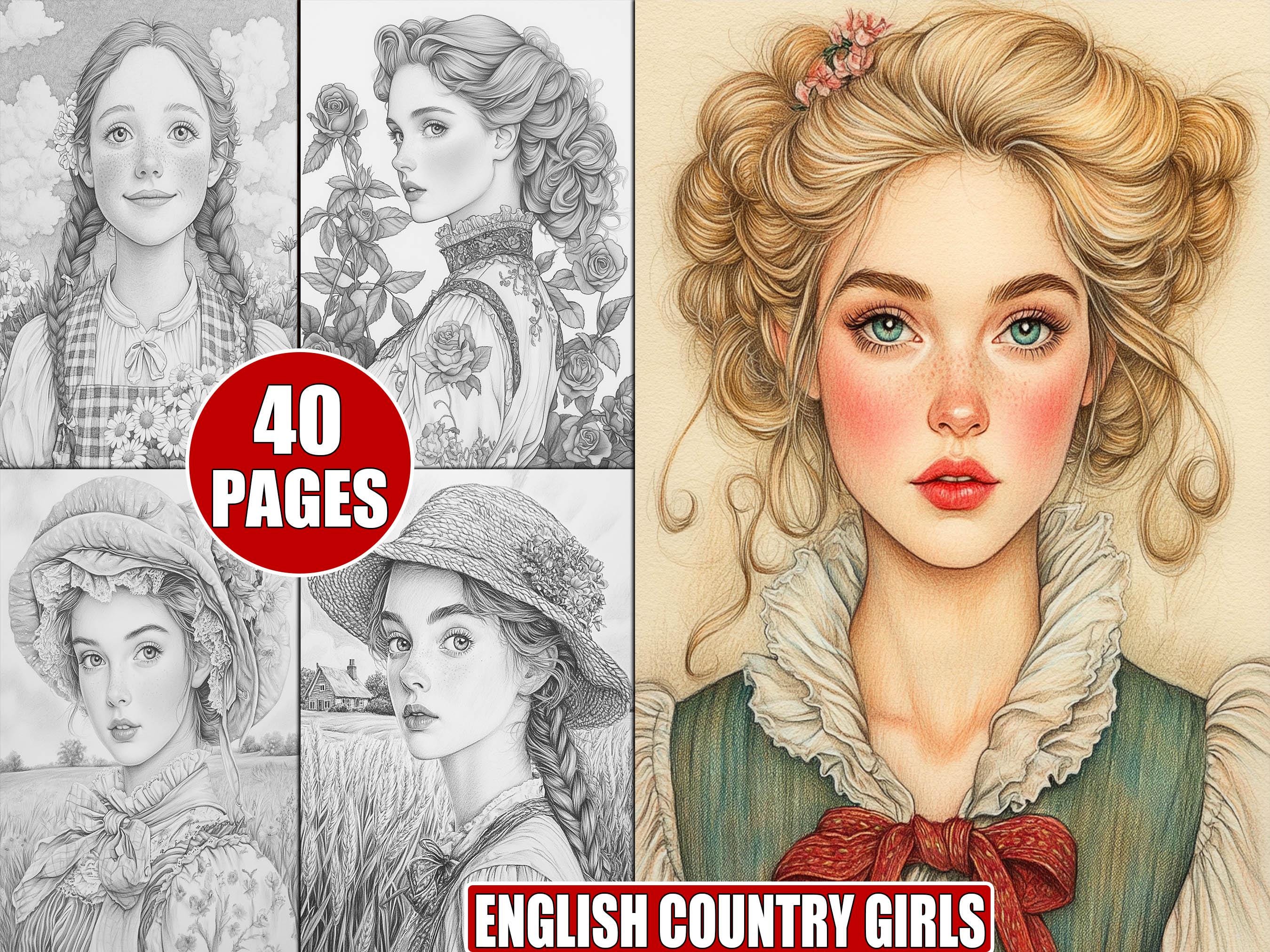 English Country Girls Coloring Pages: Vintage Fashion, Pastoral Art ...