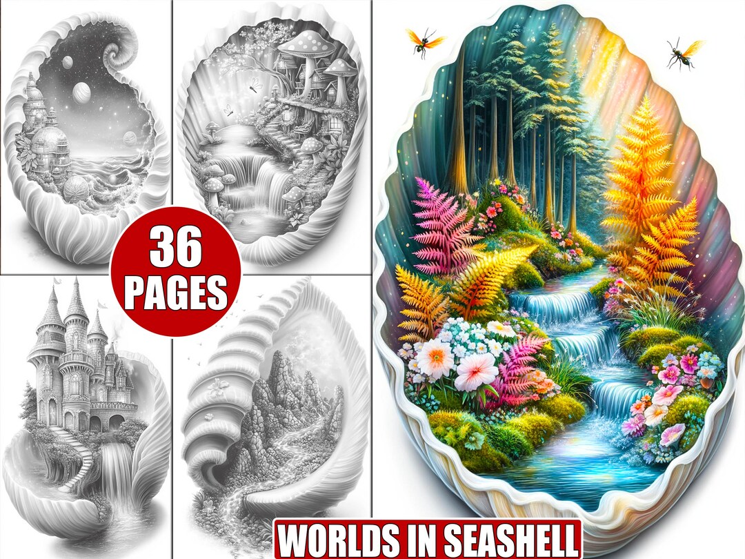 Seashell Worlds Coloring Pages: Grayscale Ocean Fantasy (PDF Printable ...