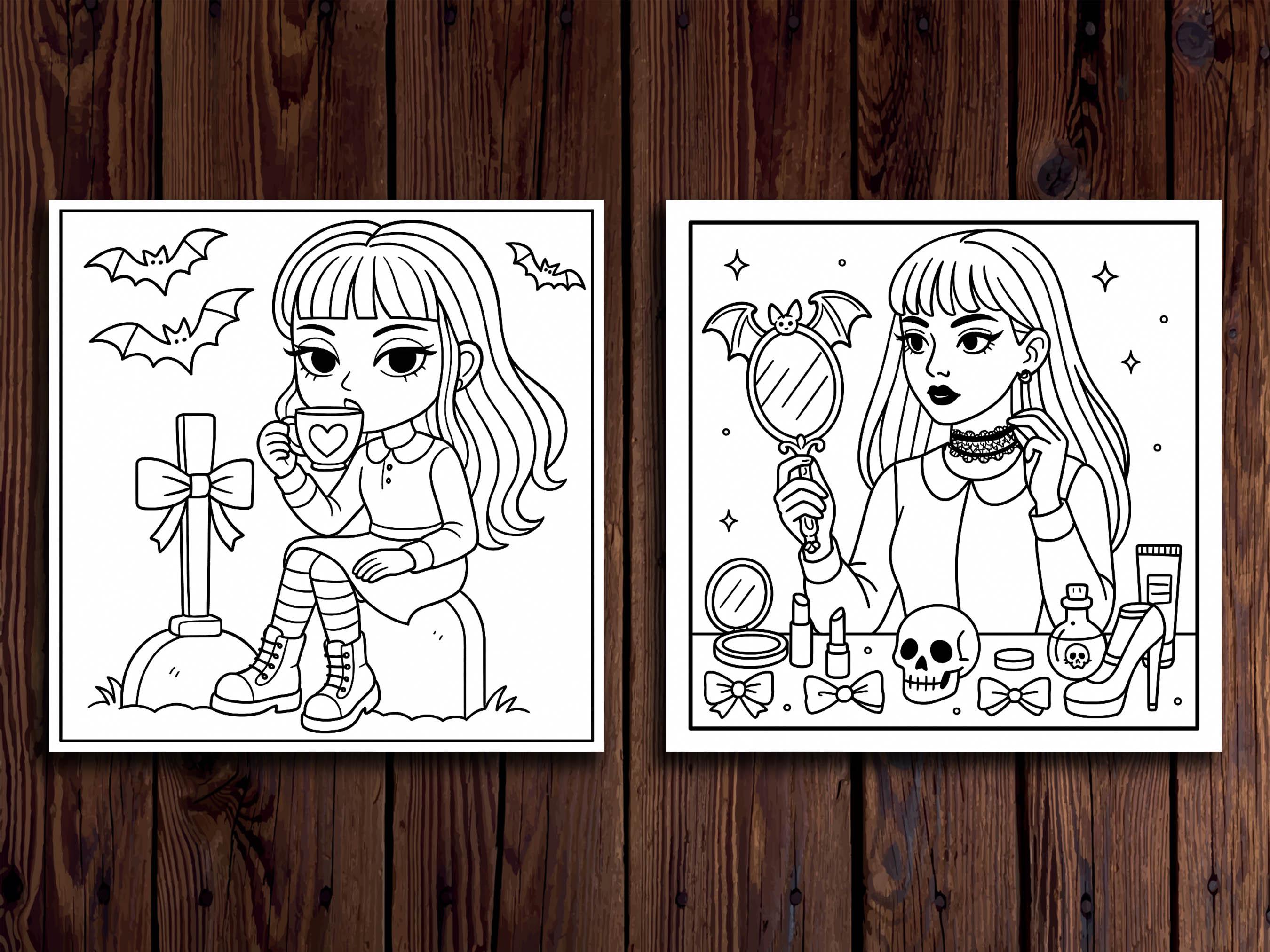 Pastel Goth Coloring Pages – Bats, Bows & Kawaii Halloween (PDF Pattern ...