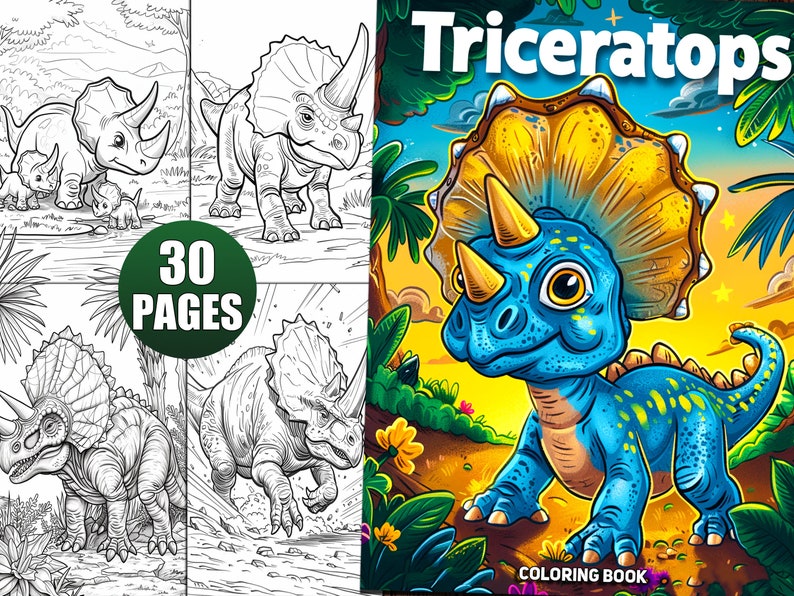 Triceratops Coloring Book: 30 Jurassic Dinosaur Pages (printable PDF ...