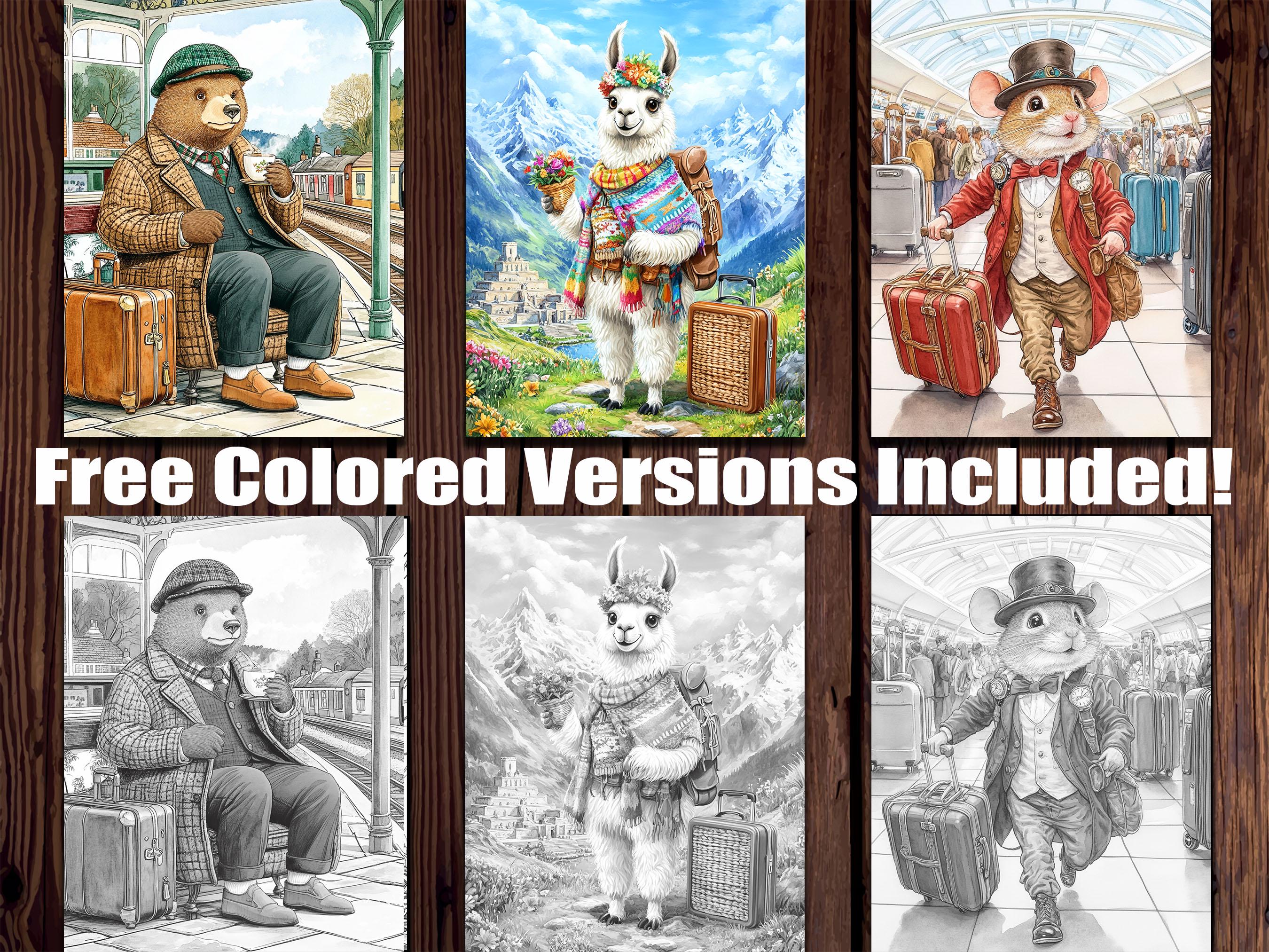 Printable Travel Animals Coloring Pages: Grayscale Adventure Scenes ...