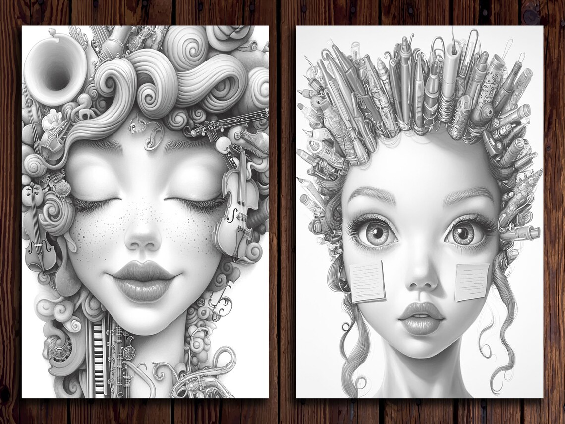 Surreal Faces Coloring Pages: Grayscale Object Portraits (printable ...