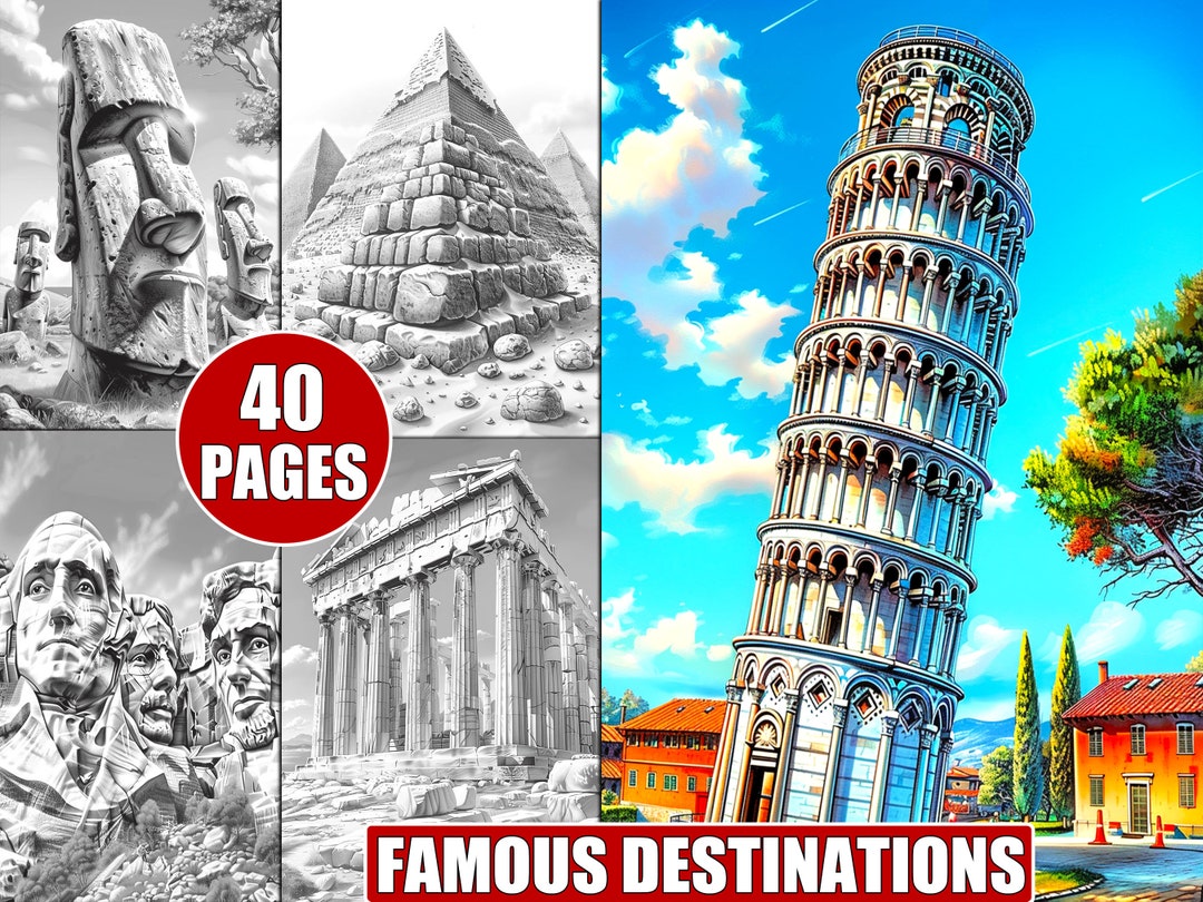 Famous Destinations Coloring Book: 40 Grayscale Landmark Pages ...