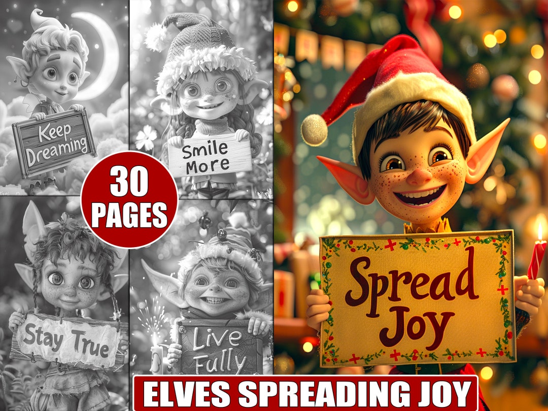 30 Printable Elves Spreading Joy Coloring Pages in Grayscale for Adults ...