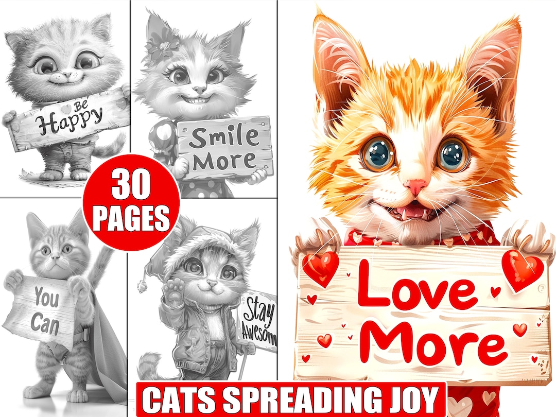 30 Printable Cats Spreading Joy Coloring Pages in Grayscale for Adults ...