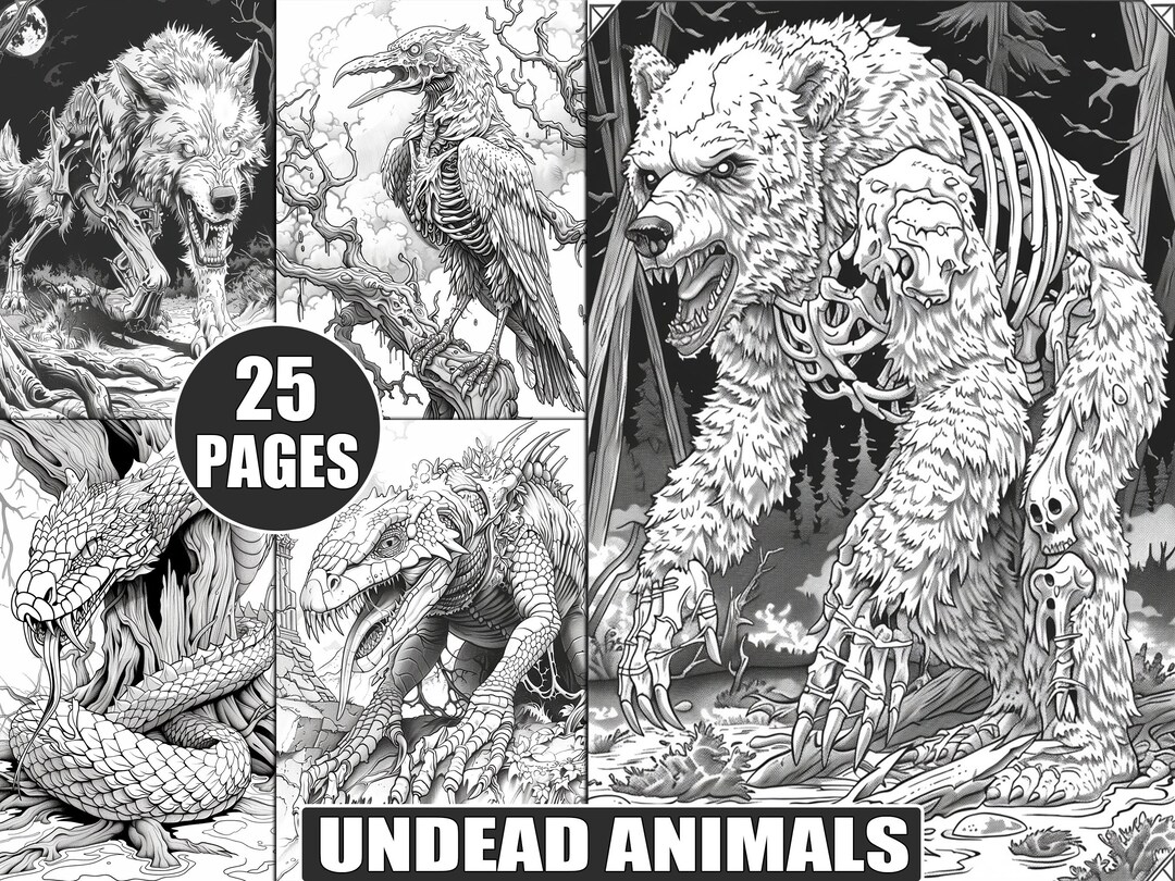 30 Undead Animals Coloring Pages for Adults - Printable Grayscale ...