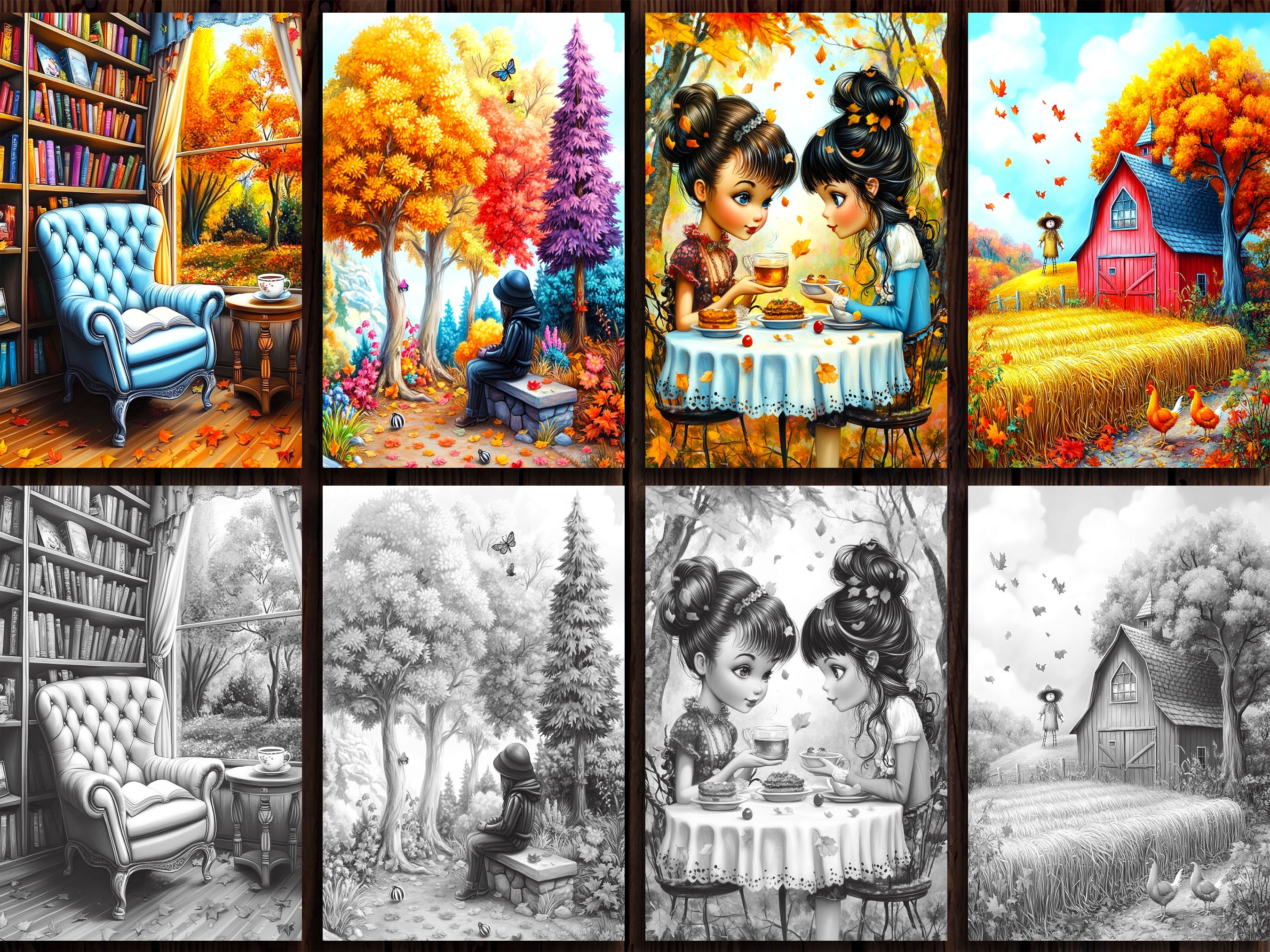 Cozy Autumn Coloring Pages: Grayscale Fall Scenes (printable PDF) - Etsy