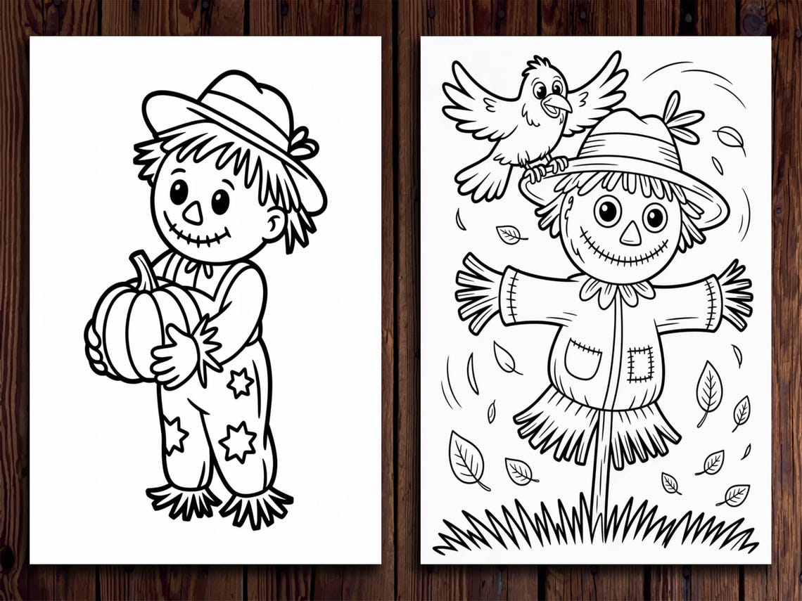 Scarecrow Coloring Pages: Fall Harvest Fun for Kids (digital Download ...