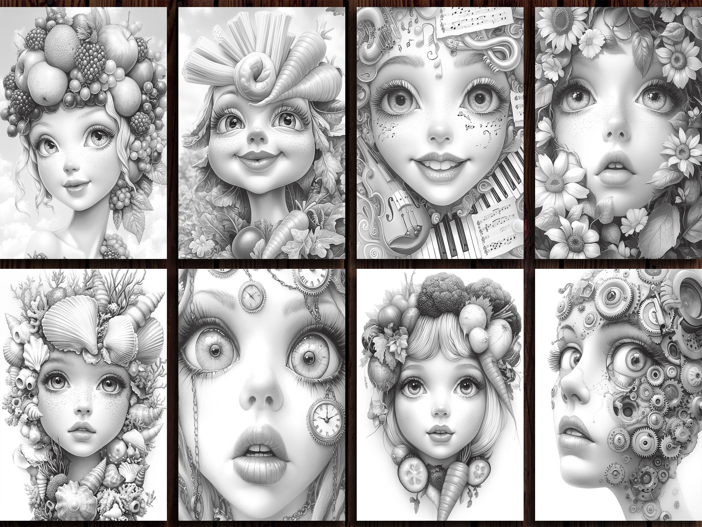 Surreal Faces Coloring Pages: Grayscale Object Portraits (printable ...