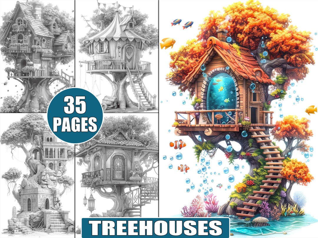 Treehouses Coloring Pages for Adults: Fantasy Isometric Grayscale ...