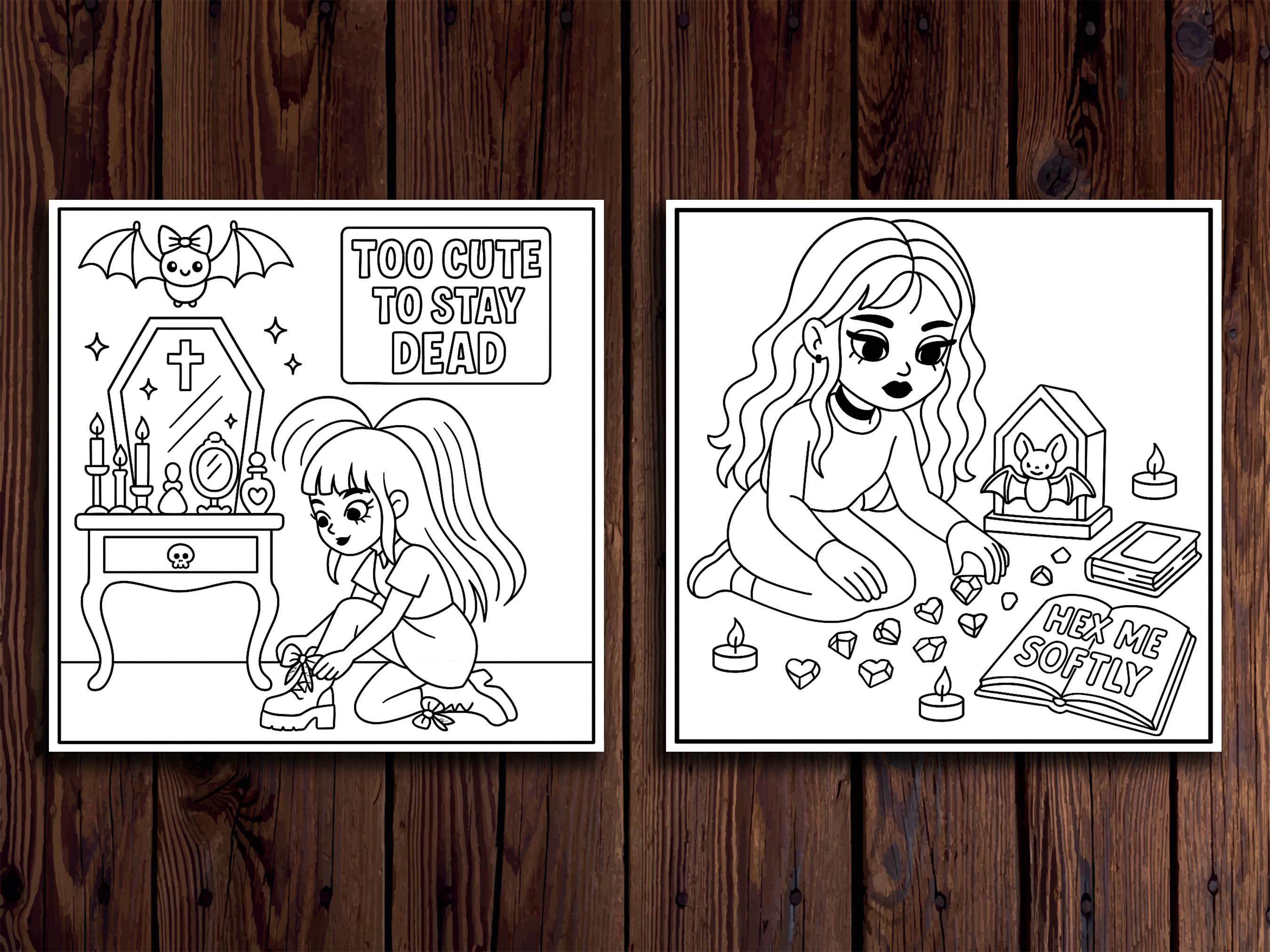 Pastel Goth Coloring Pages – Bats, Bows & Kawaii Halloween (PDF Pattern ...