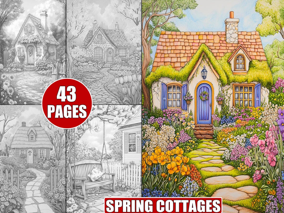 Spring Cottages Coloring Pages: 43 Grayscale Floral Garden Scenes ...